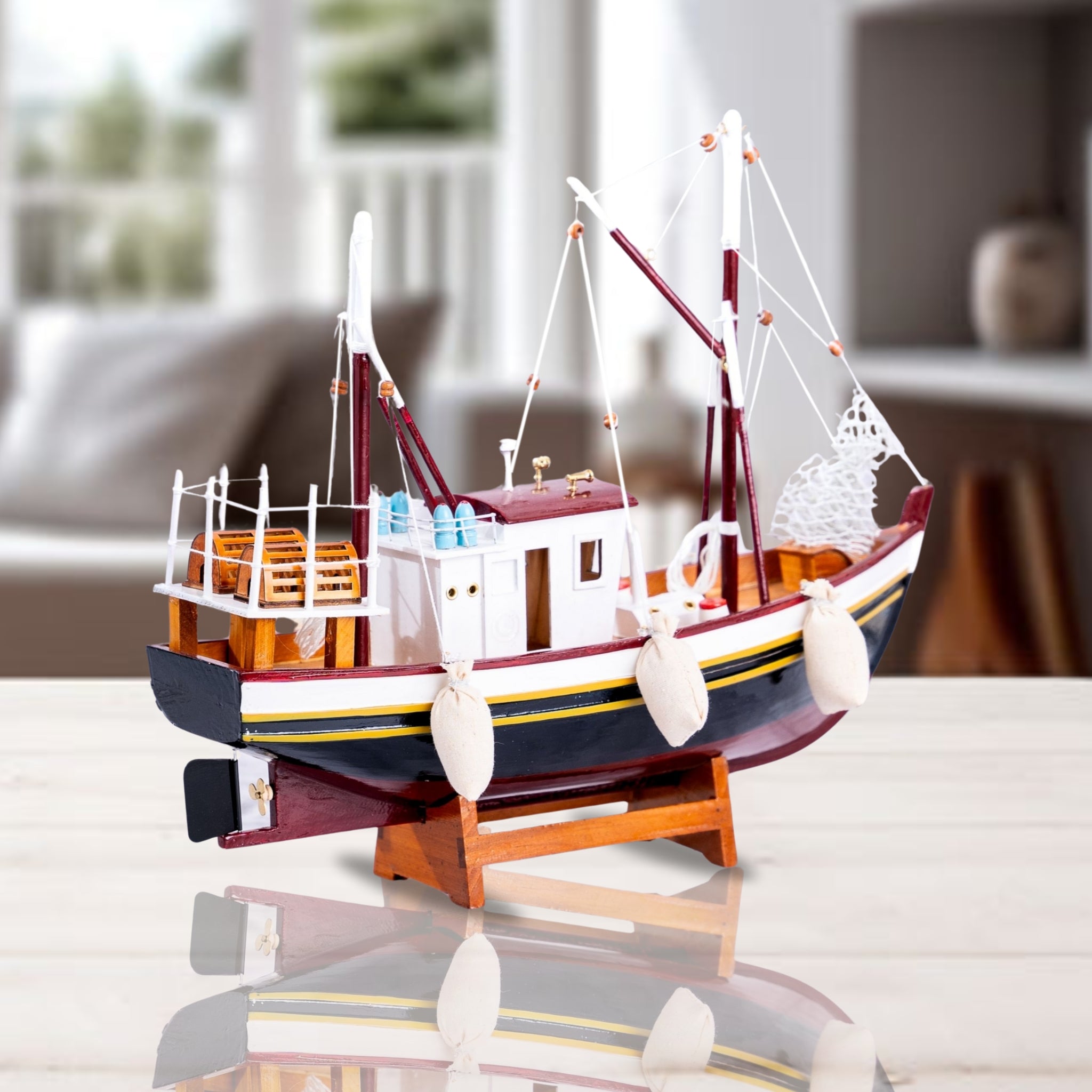 Wood Sailboat Model, 16" Nautical Desk Sculpture, Coastal Table Decor ...